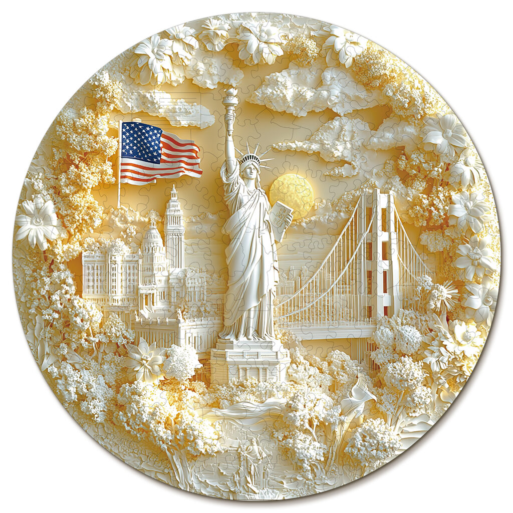 Wooden Jigsaw Puzzle – Statue of Liberty and Flag - KaaYee Puzzles